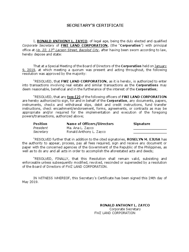 Secretary's Certificate Board Resolution | PDF | Board Of Directors ...
