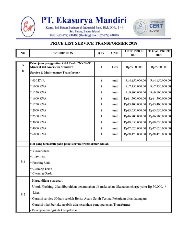 Price List Trafo | PDF