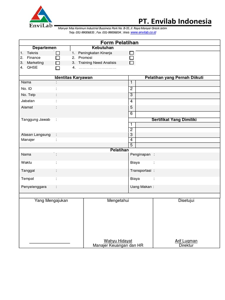 Formulir Pelatihan PT Envilab Indonesia | PDF