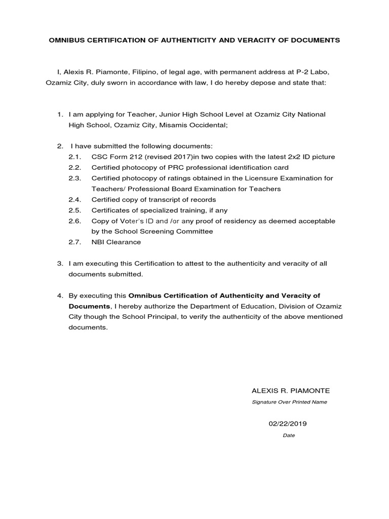 Omnibus Certification of Authenticity and Veracity of Documents | PDF