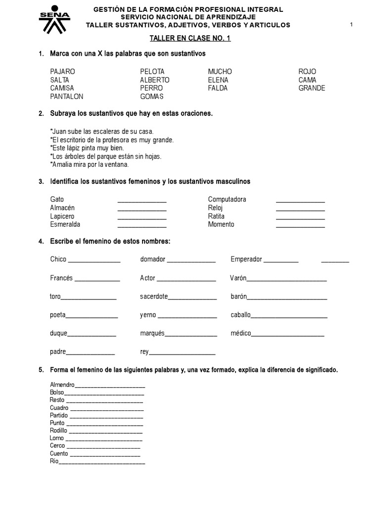 Actividades de Sustantivos, Adjetivos y Verbos | PDF | Adjetivo ...