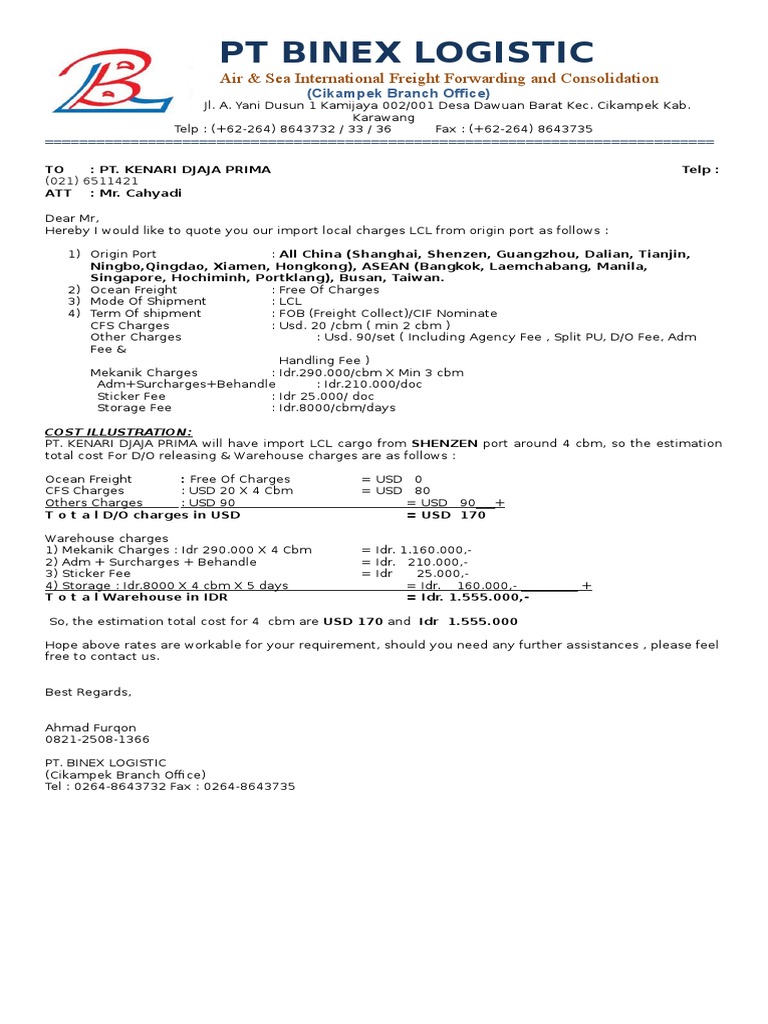 PT Binex Logistic Cikampek Branch Office freight rates | PDF | Trade ...