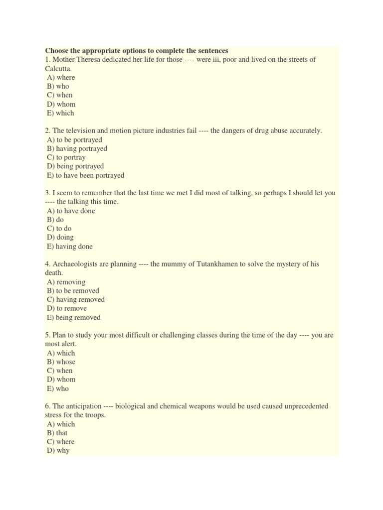 Choose The Appropriate Options To Complete The Sentences | PDF ...