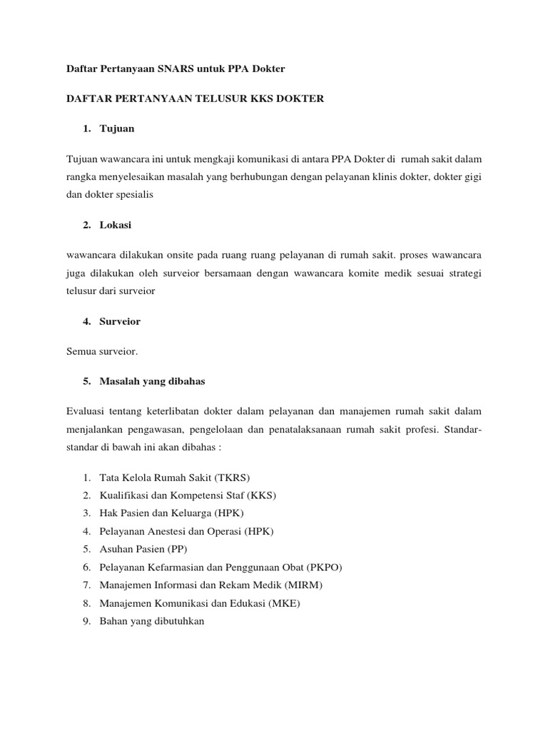 Daftar Pertanyaan SNARS Untuk PPA | PDF