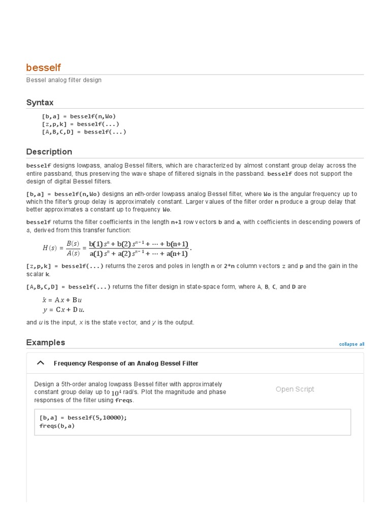 Bessel Analog Filter Design - MATLAB Besself | PDF | Low Pass Filter | Filter (Signal Processing)
