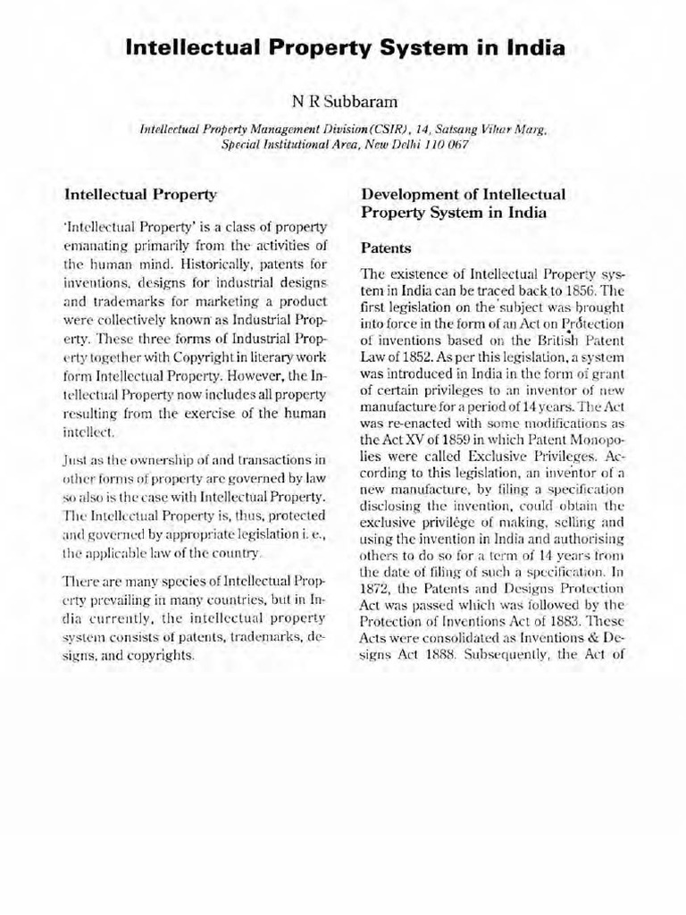 Intellectual Property System in India: Rsubbaram | PDF | Patent | Copyright