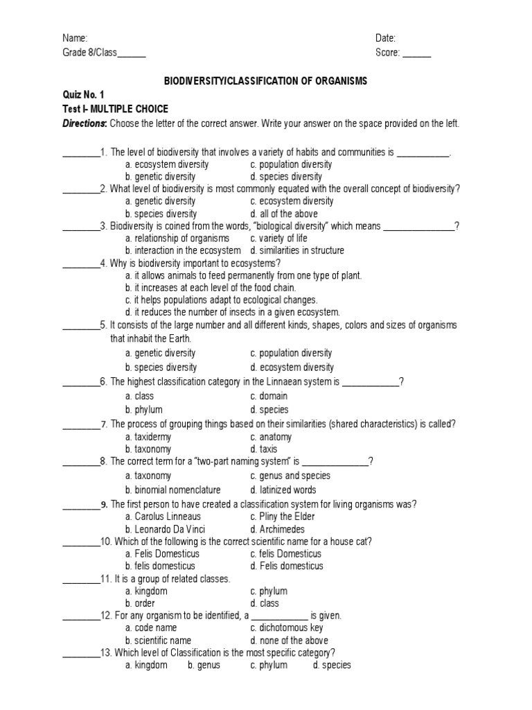 Science 8-4th Quarter Quiz No.1 Class 1991 | PDF | Biodiversity ...