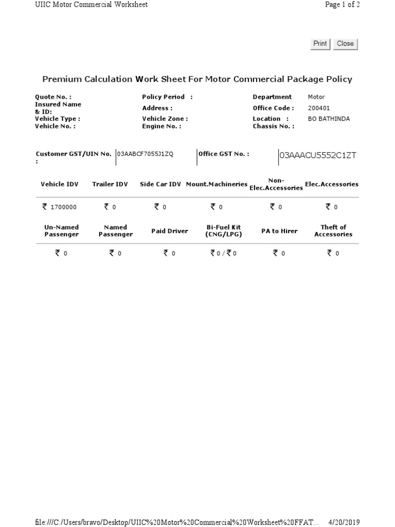UIIC Motor Commercial Worksheet FFATEH | PDF | Insurance | Land Vehicles