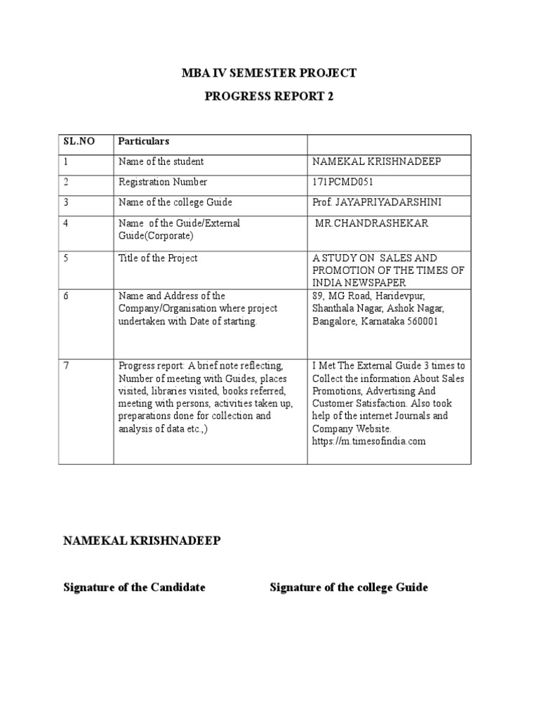 Mba Iv Semester Project Progress Report 2: SL - No Particulars | PDF