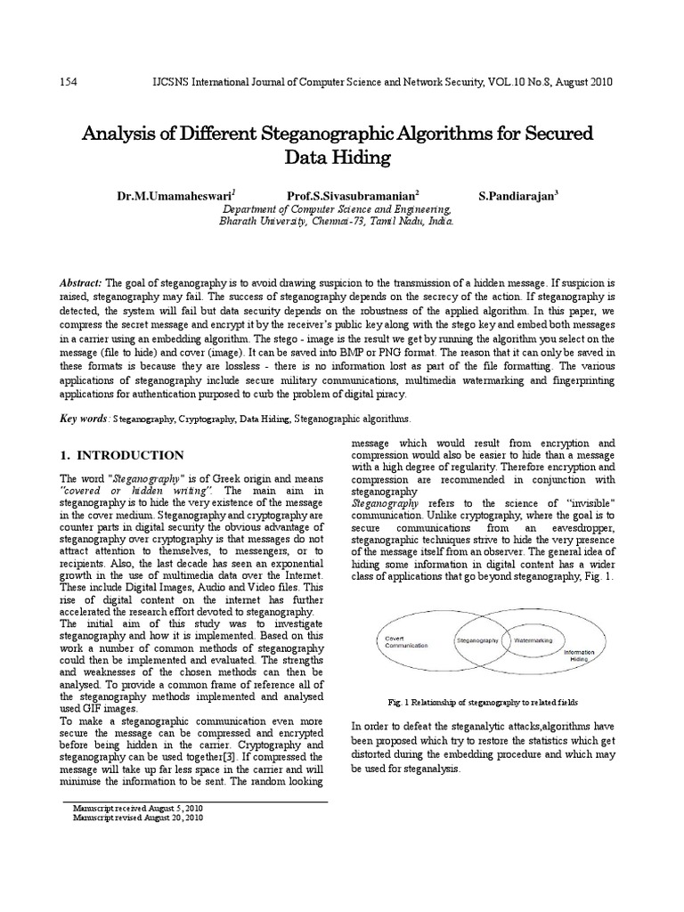 Analysis of Different Steganographic Algorithms For Secured Data Hiding | PDF | Cryptography ...