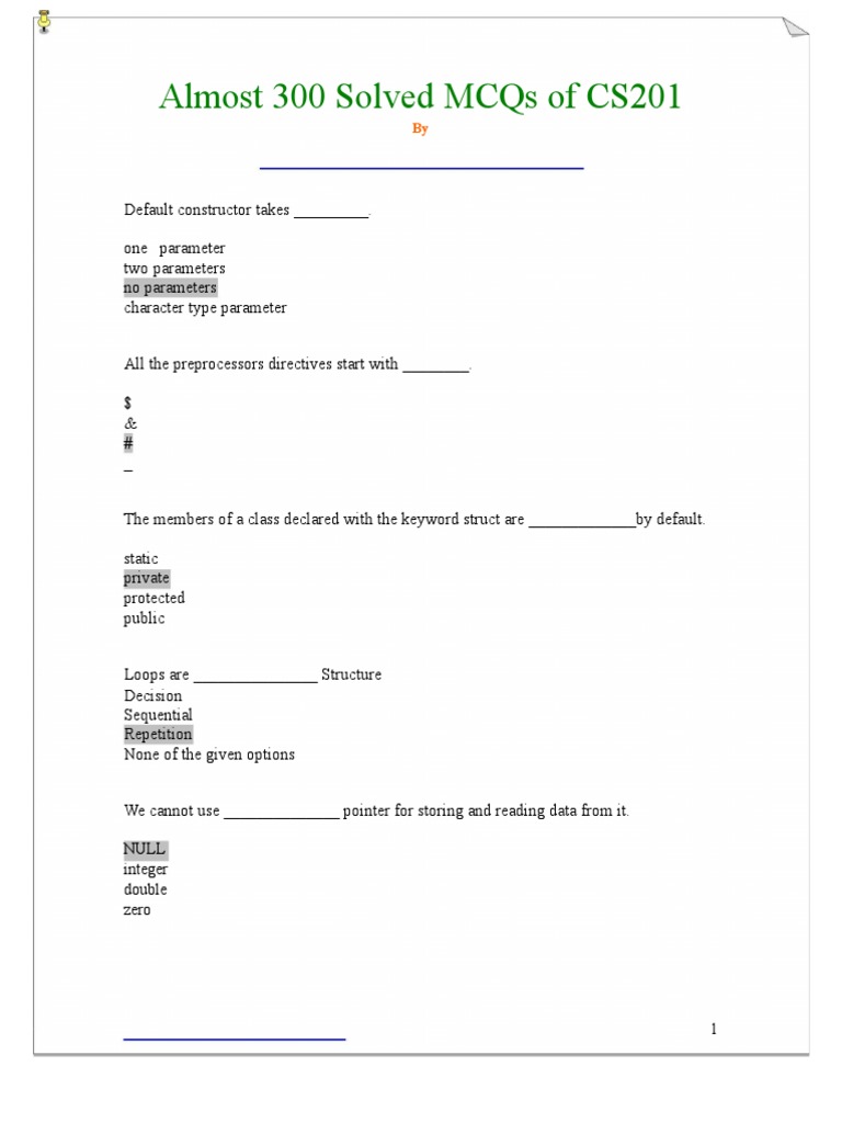 300 Mcqs Cs201 World File | PDF | C (Programming Language) | Constructor (Object Oriented ...