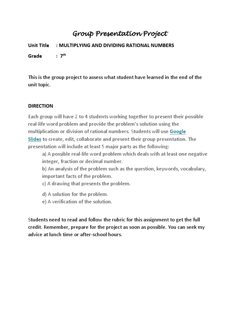 Class 7 Rational Numbers Project Guide | PDF