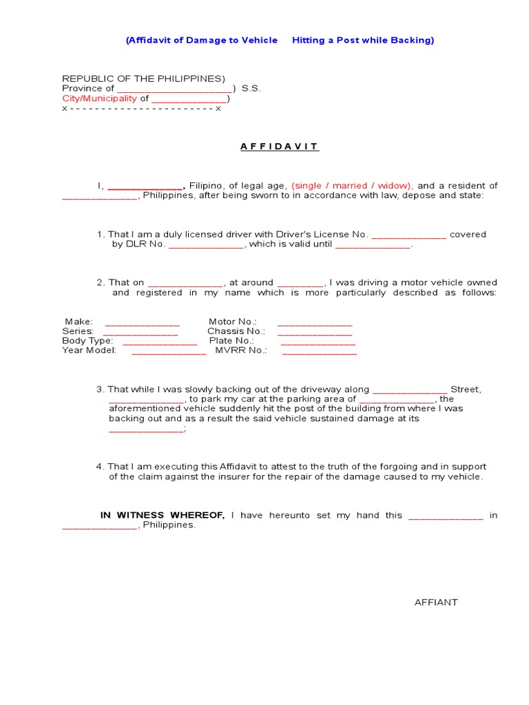 Affidavit: (Affidavit of Damage To Vehicle Hitting A Post While Backing ...