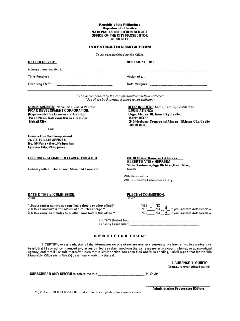 Investigation Data Form People of The Philippines vs. Herrera | PDF ...