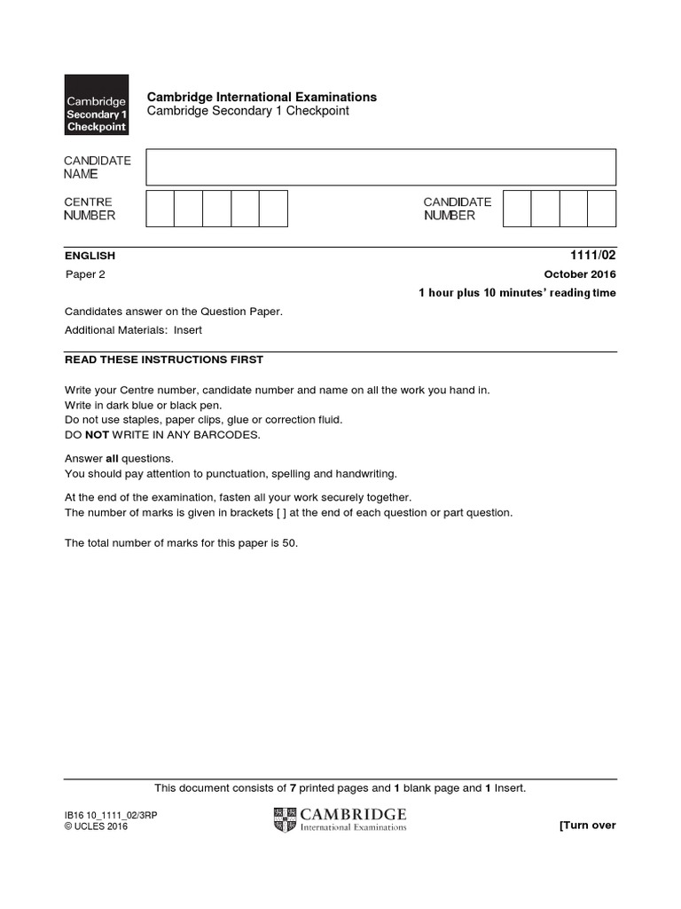Secondary Checkpoint - English (1111) October 2016 Paper 2 | PDF ...