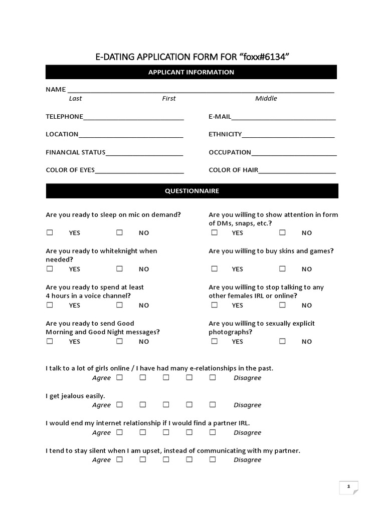 E-Dating Application Form For "Foxx#6134": Last First Middle | PDF