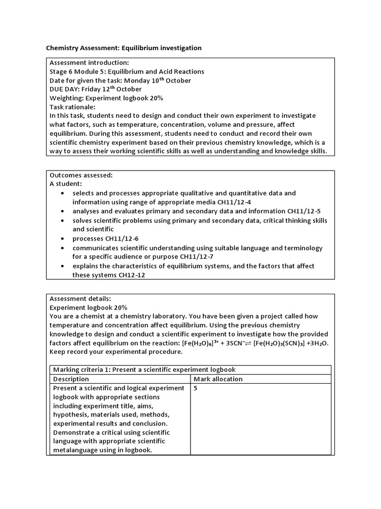 Chemistry Assessment: Equilibrium Investigation: TH TH | PDF ...