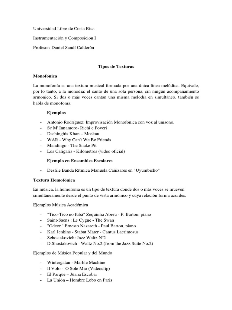 Tipos de texturas musicales: Monofónica, homofónica y polifónica | PDF