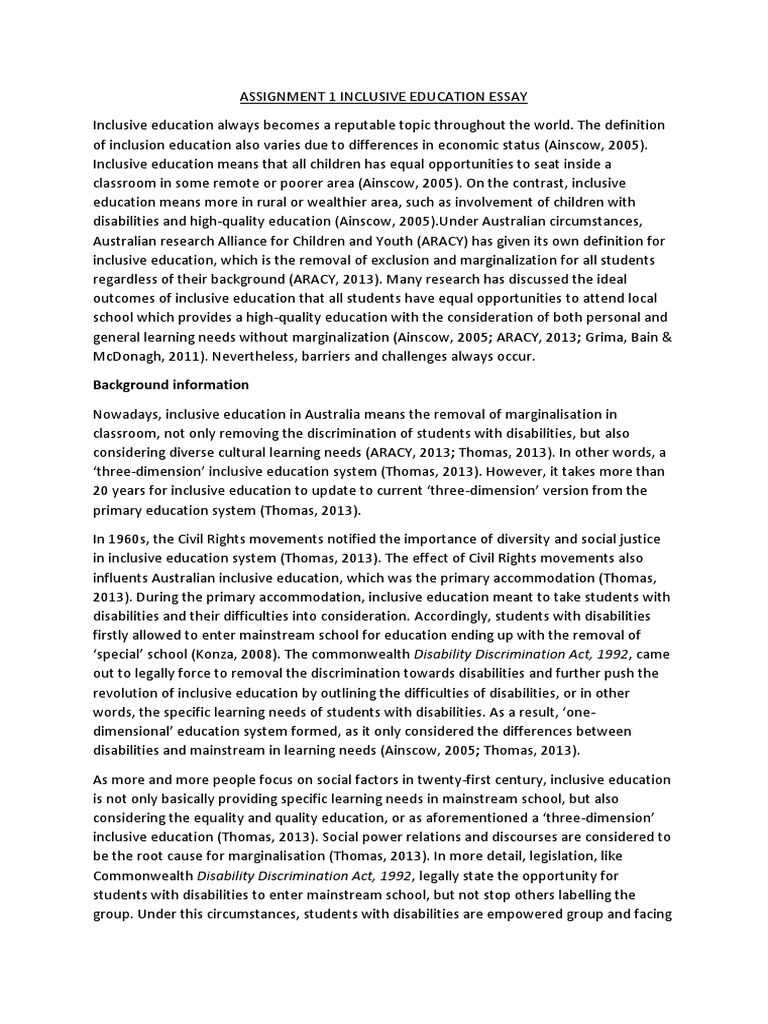 Assignment 1 Inclusive Education Essay | PDF | Inclusion (Education ...