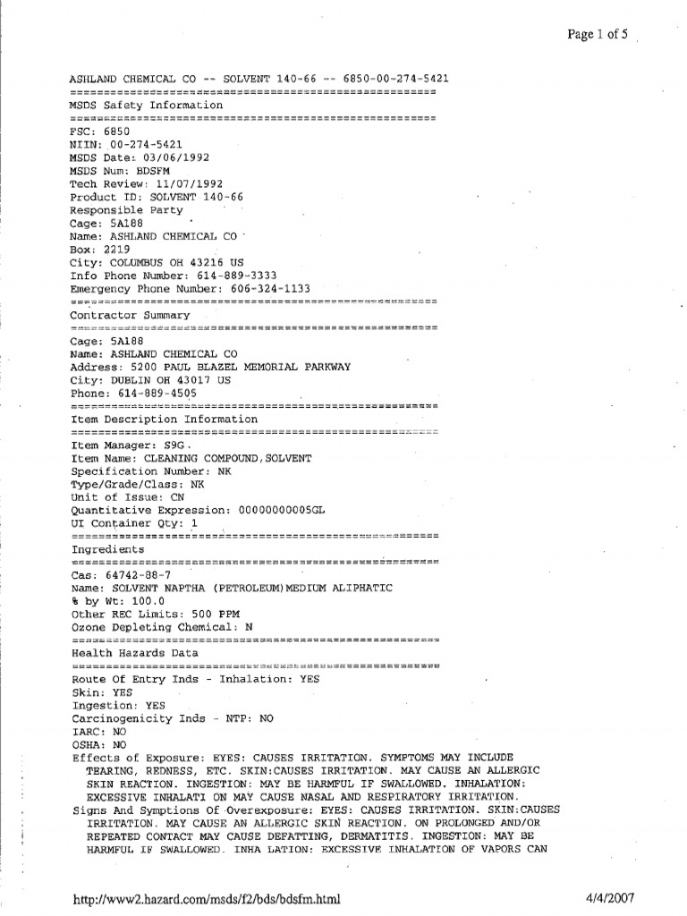 MSDS - Ashland Solvent 140 PDF | PDF