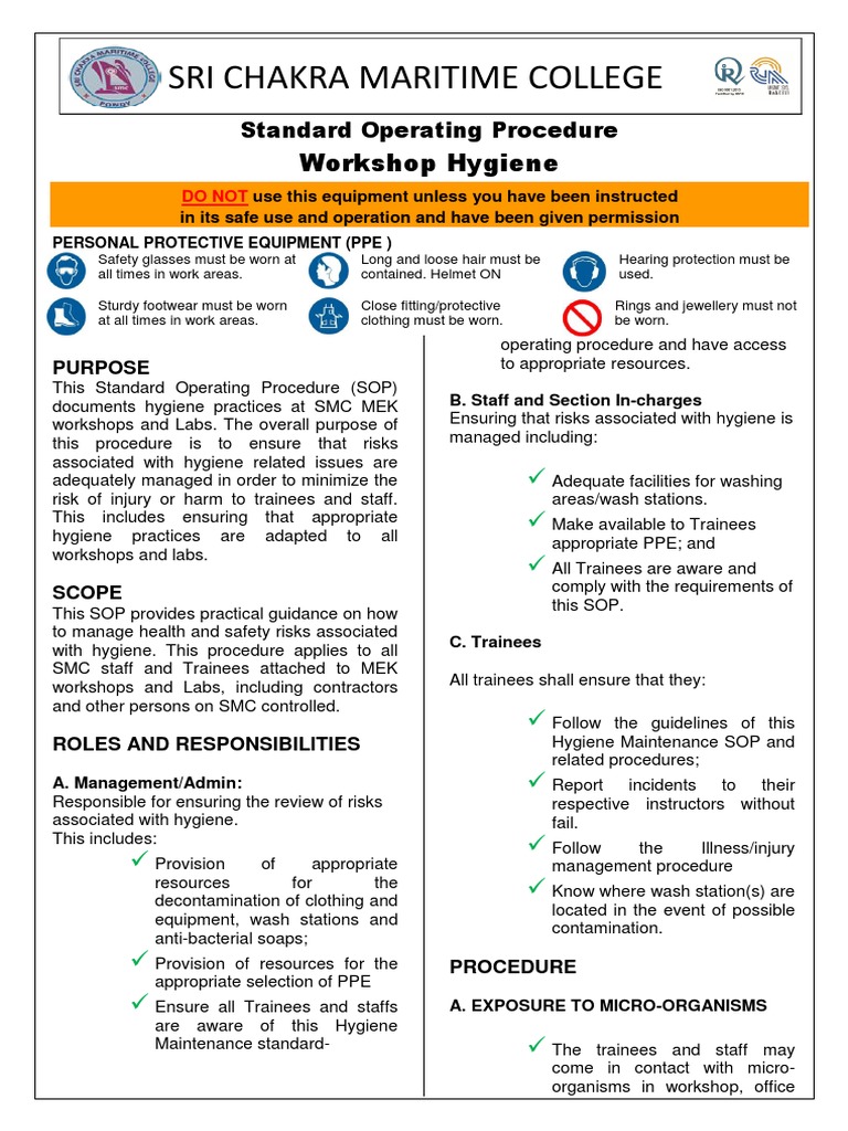 SOP Workshop Hy Final | Personal Protective Equipment | Hygiene
