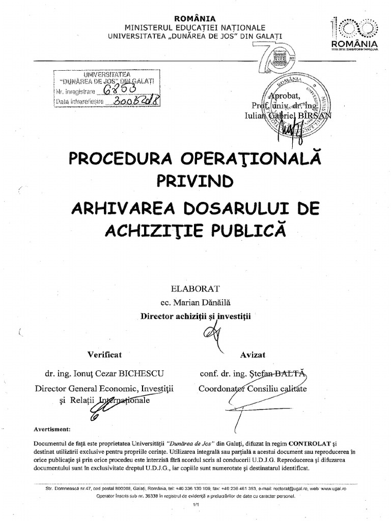 Procedura Operationala Arhivarea Dosarelor de Achizitie Directa | PDF