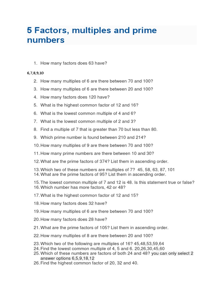 Factors, Multiples & Primes Quiz | PDF | Career & Growth | Self-Improvement