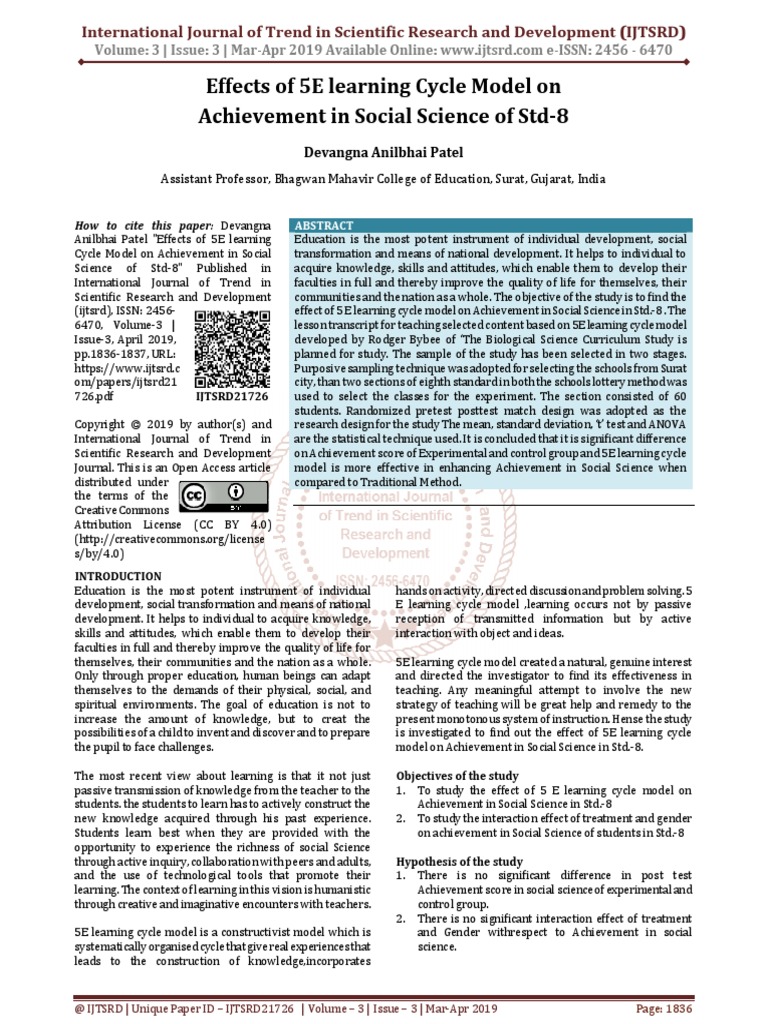 Effects of 5E Learning Cycle Model On Achievement in Social Science of ...
