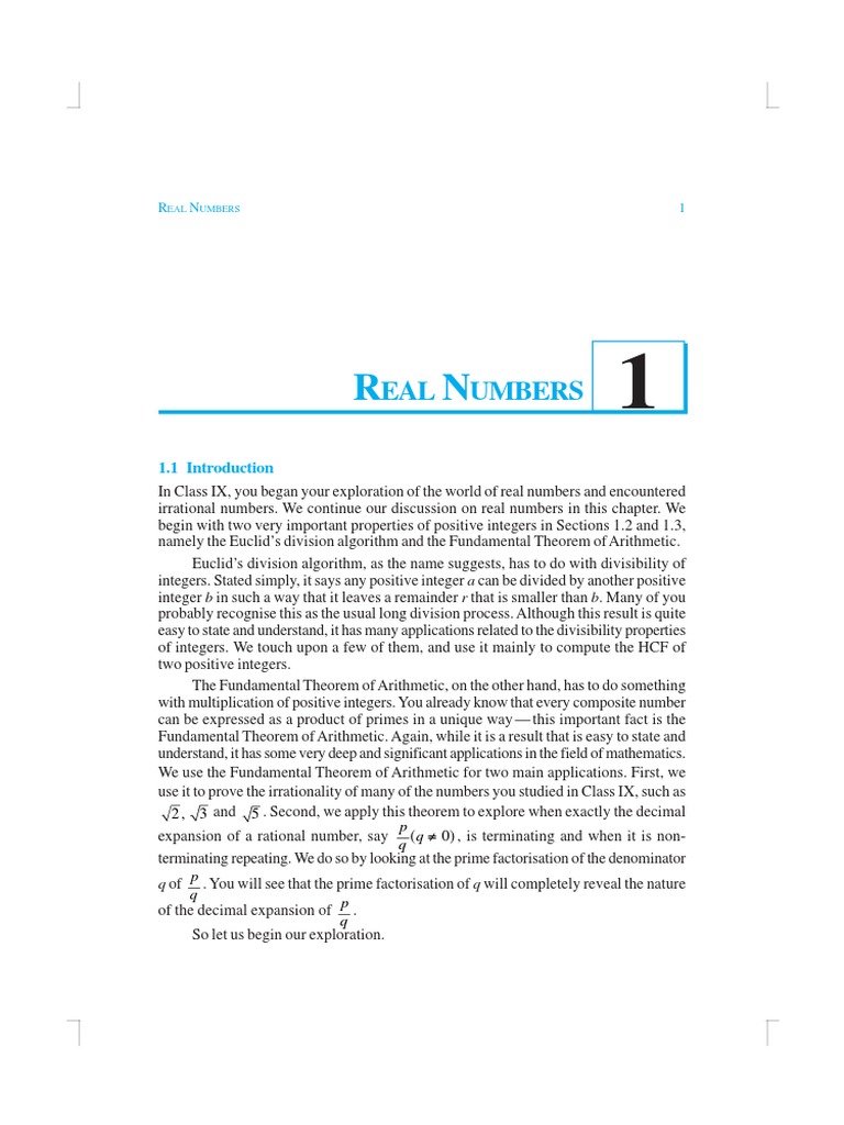 Real Numbers Explained: Euclid's Division Algorithm and Fundamental Theorem of Arithmetic | PDF ...