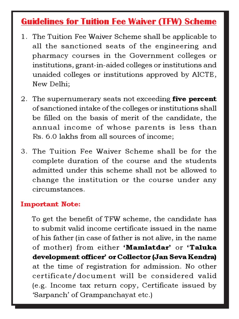 Guidelines For Tuition Fee Waiver (TFW) Scheme: Important Note | PDF ...