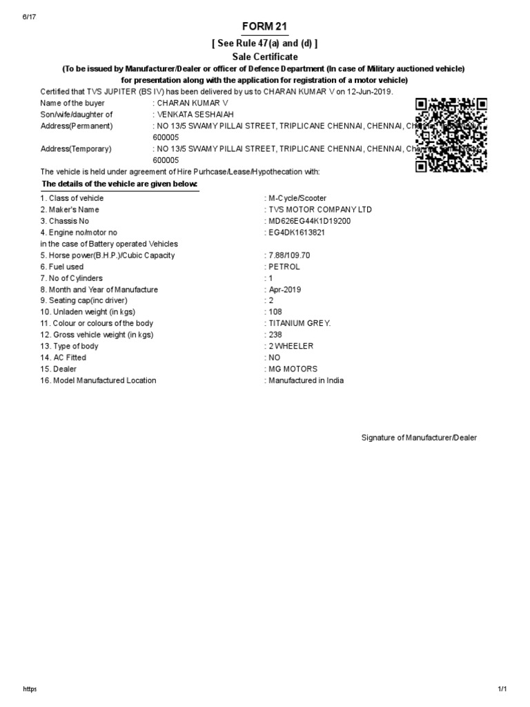 Form 21: (See Rule 47 (A) and (D) ) Sale Certificate | PDF | Vehicles ...