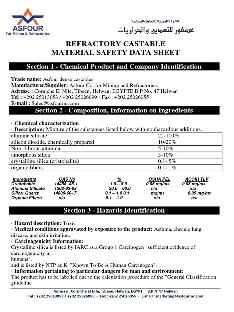 Asfour Dense Castable | PDF | Silicon Dioxide | Toxicity