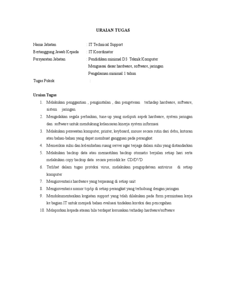 Uraian Tugas IT Technical Suppot | PDF
