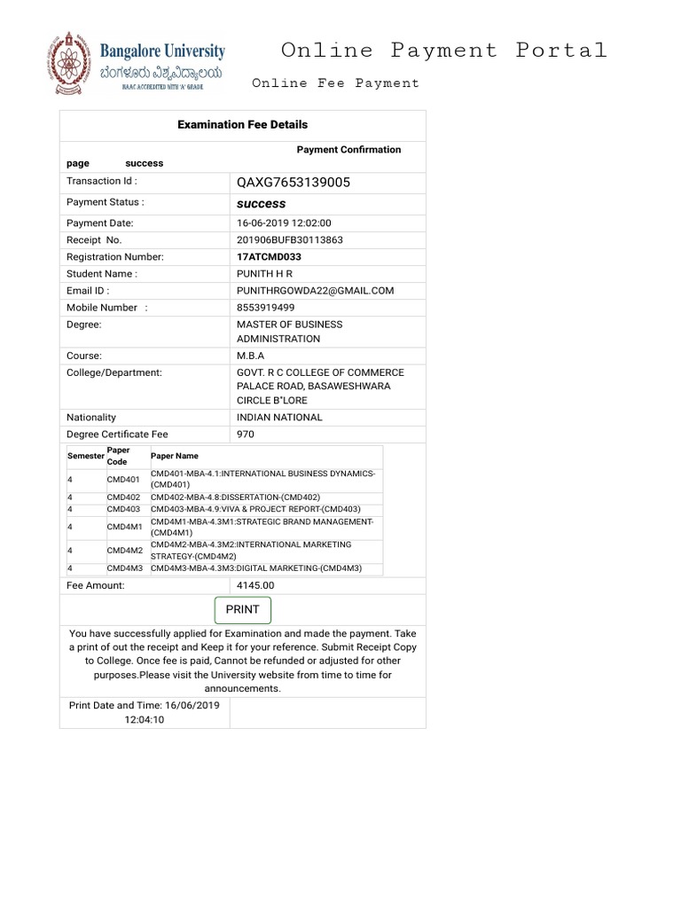 Bangalore University Fee Receipt | PDF | Receipt | Thesis