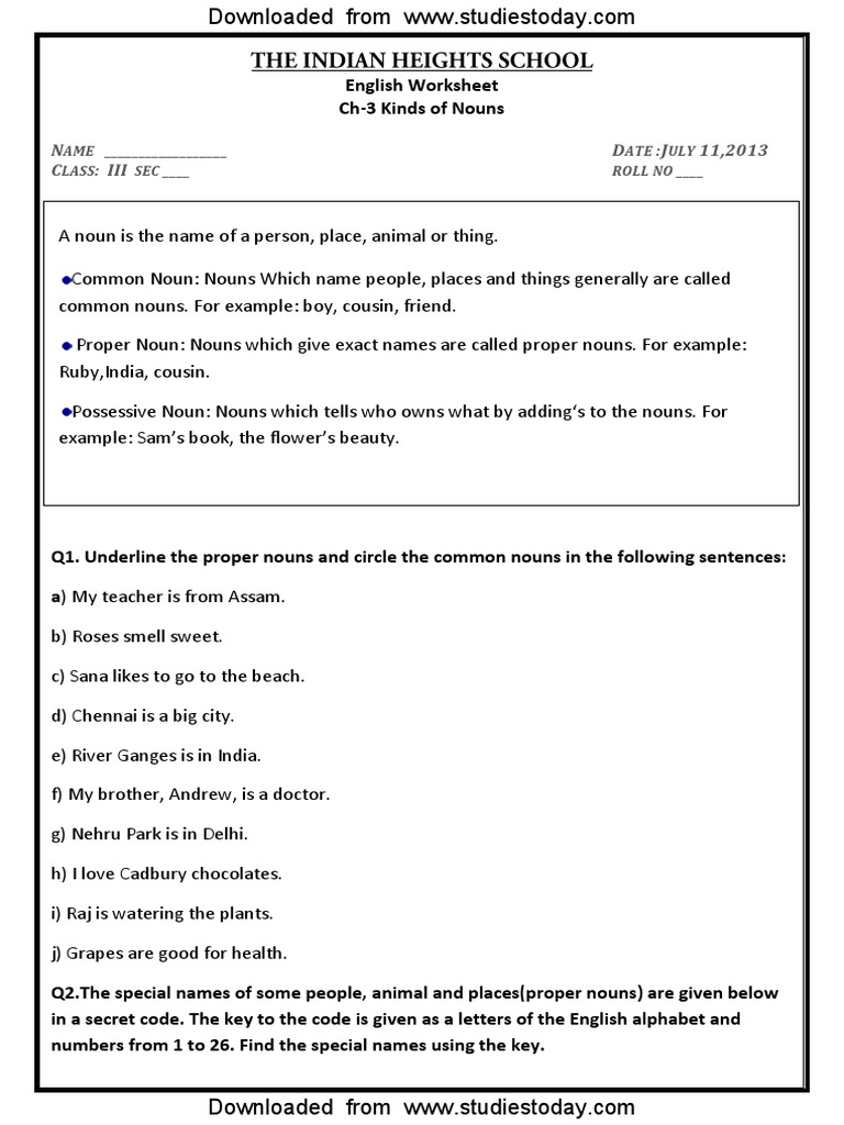 CBSE Class 3 English Practice Worksheets (12) - Kinds of Nouns | PDF ...