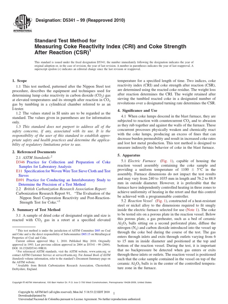 Astm D 5341 - 99 (2010) PDF | PDF | Coke (Fuel) | Carbon Dioxide