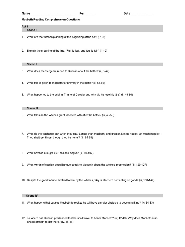 Macbeth Act 1-5 Comprehension Questions | PDF | Macbeth | Shakespearean ...