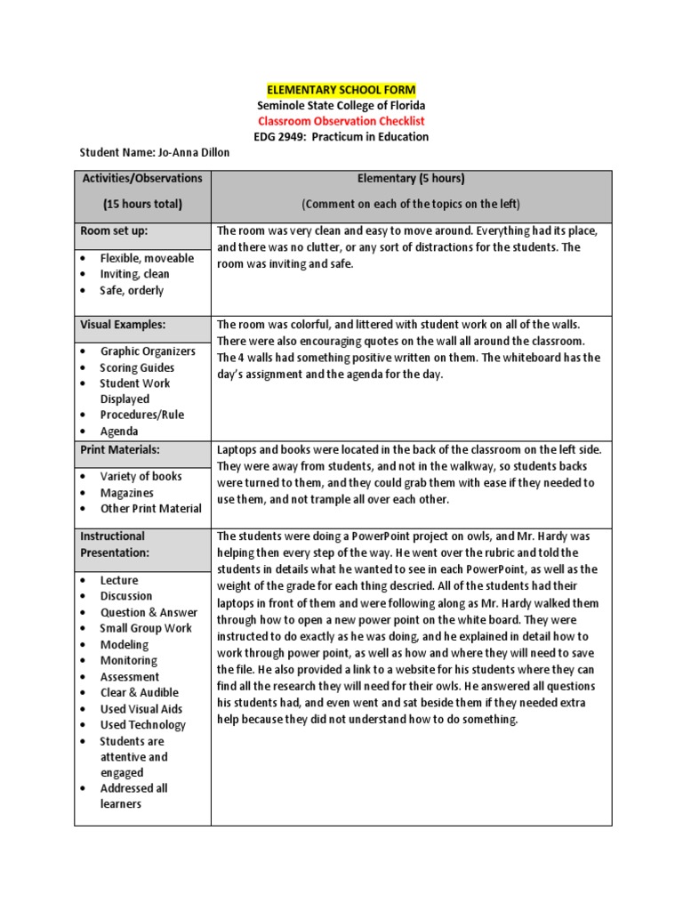 Observation Sheet | PDF | Classroom | Cognition