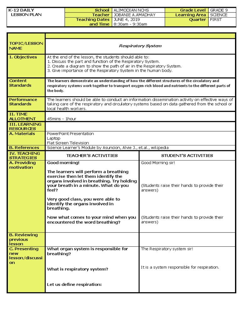 Respi Demo Lesson Plan | Download Free PDF | Respiratory Tract ...