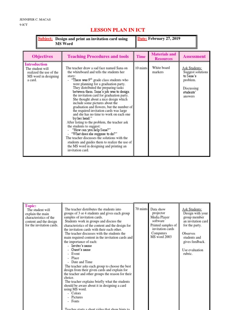 Lesson Plan ICT | PDF | Lesson Plan | Educational Technology