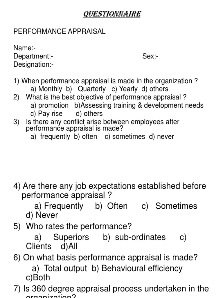 Questionnaire On Performance Appraisal-2 | PDF | Performance Appraisal ...