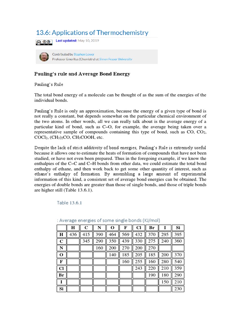 Pauling's Rule and Average Bond Energy: H C N O F CL BR I Si H C N O F ...