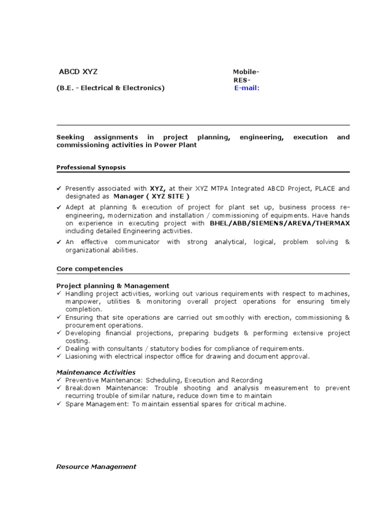 Sample Power Plant Engineer CV | Download Free PDF | Electric Generator ...