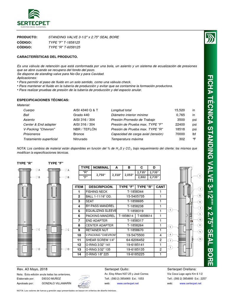Ficha Técnica Standing Valve - F & R 3 1-2 X 2.75 Rev A3 | PDF ...