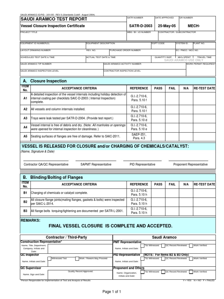 SATR-D-2003 Vessel Closure Inspection Certificate