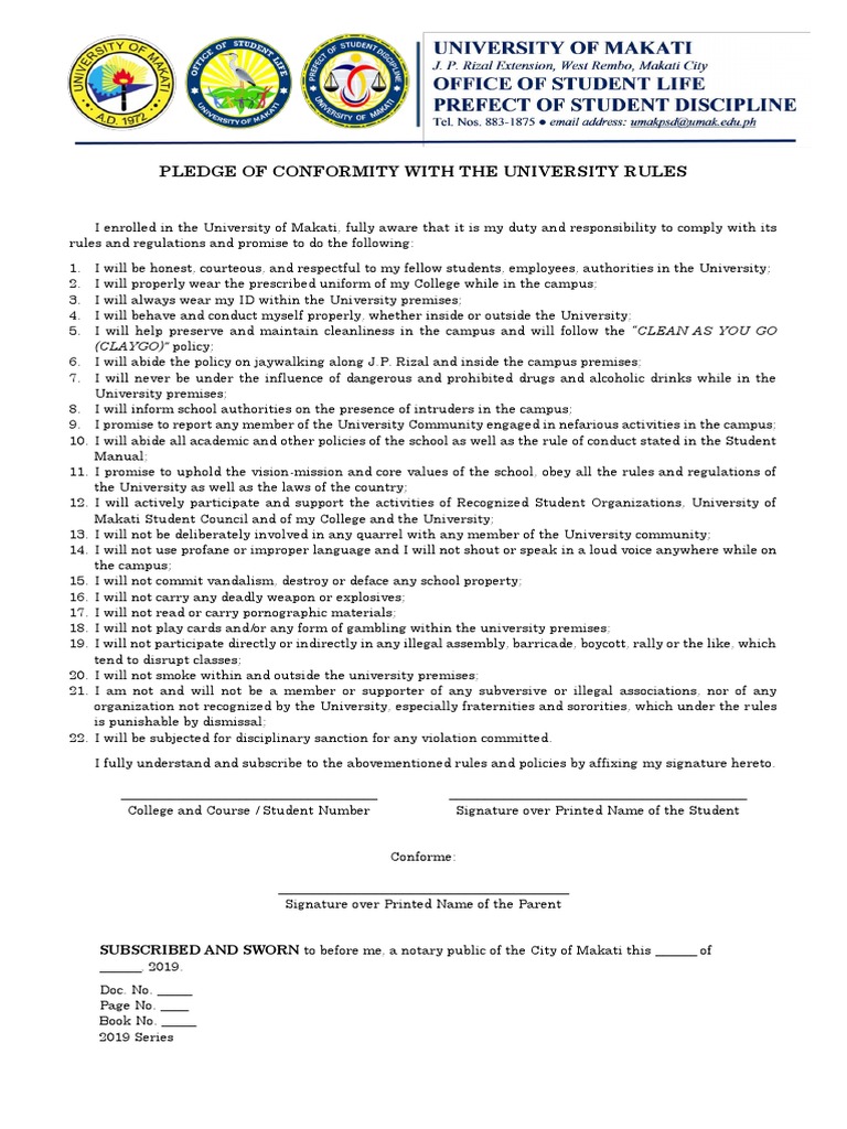 Pledge of Conformity With The University Rules | PDF | Justice | Crime ...