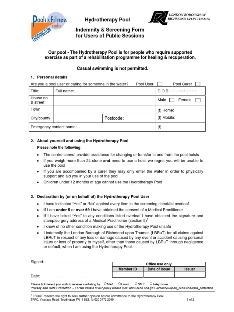 TPFC Hydro Indemnity Form | PDF | Physical Therapy | Clinical Medicine