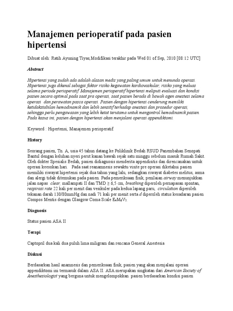 Manajemen Perioperatif Pada Pasien Hipertensi | PDF