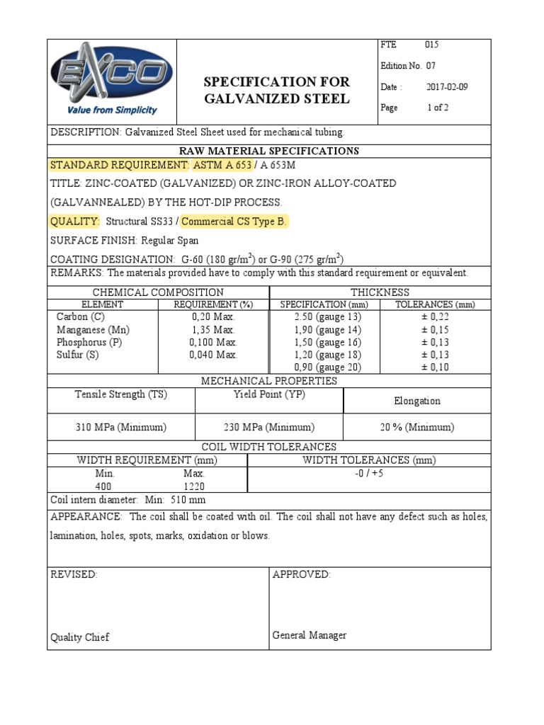 Specification For Galvanized Steel: Raw Material Specifications | PDF ...