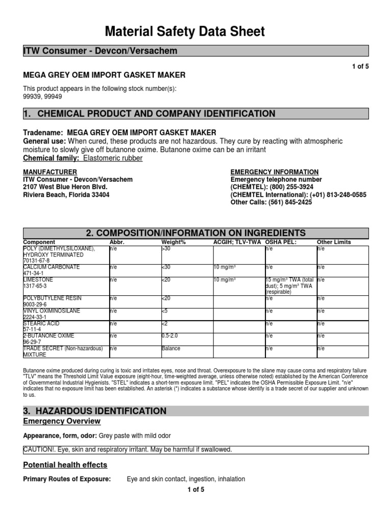 Material Safety Data Sheet: ITW Consumer - Devcon/Versachem | PDF | Firefighting | Formaldehyde